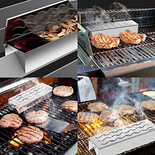 Skyflame Stainless Steel Smoker Box with Canister Can, Double V-Shape BBQ Wood Chips Smoky Box Designed by Wavy Vent and Hinged Lid, 12โ Compact Size for Gas/Charcoal Grill Kebob Smoky Grilling