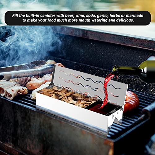 Skyflame Stainless Steel Smoker Box with Canister Can, Double V-Shape BBQ Wood Chips Smoky Box Designed by Wavy Vent and Hinged Lid, 12โ Compact Size for Gas/Charcoal Grill Kebob Smoky Grilling