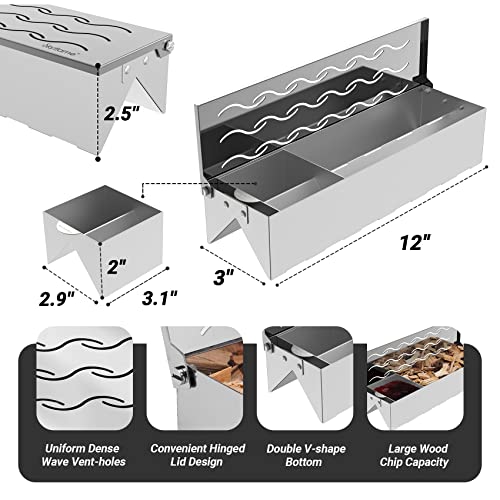 Skyflame Stainless Steel Smoker Box with Canister Can, Double V-Shape BBQ Wood Chips Smoky Box Designed by Wavy Vent and Hinged Lid, 12โ Compact Size for Gas/Charcoal Grill Kebob Smoky Grilling