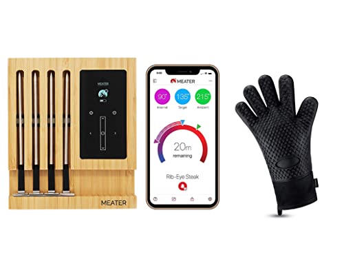 MEATER Block 4-Probe Upgraded Smart Premium Meat Thermometer with 165ft Long Range Bluetooth and WiFi for The Oven Grill Kitchen BBQ Smoker Rotisserie Bundled with HogoR BBQ Grill Black Glove