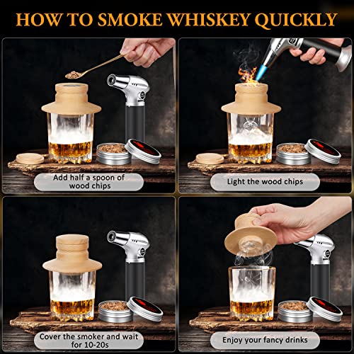 Cocktail Smoker Kit, Whiskey Smoker Kit with Torch, Old Fashioned Cocktail Kit, Bourbon Smoker Kit with 4 Flavors of Chimney Wood Chips, Bartender Gift for Friends, Husband, Dad(No Butane)