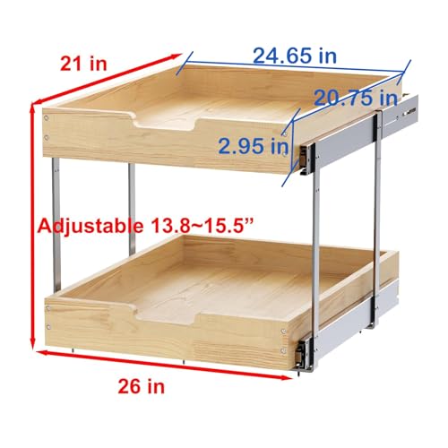 Sikarou Wood Pull Out Cabinet Organizer 2 Tie 26" W x 21" D, Heavy-Duty Sliding Drawers for Inside Cabinets Storage and Organization for Kitchen, Pantry, Bathroom