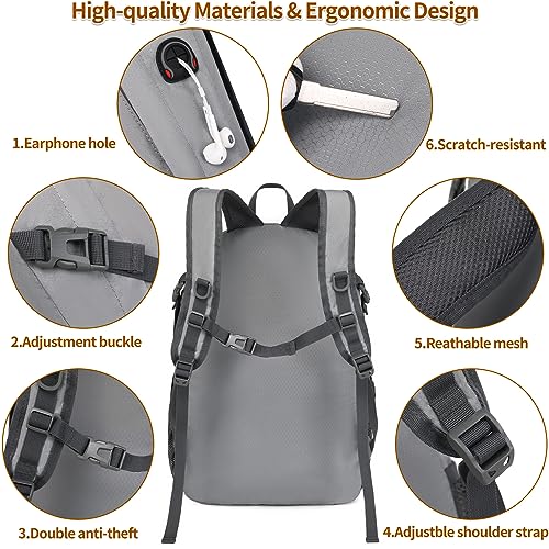 JIELV 30L Lightweight Packable Backpack Small Foldable Hiking Backpack Waterproof Daypack Travel Camping Outdoor for Women Men Valentines Day Gifts(Lgiht Grey)