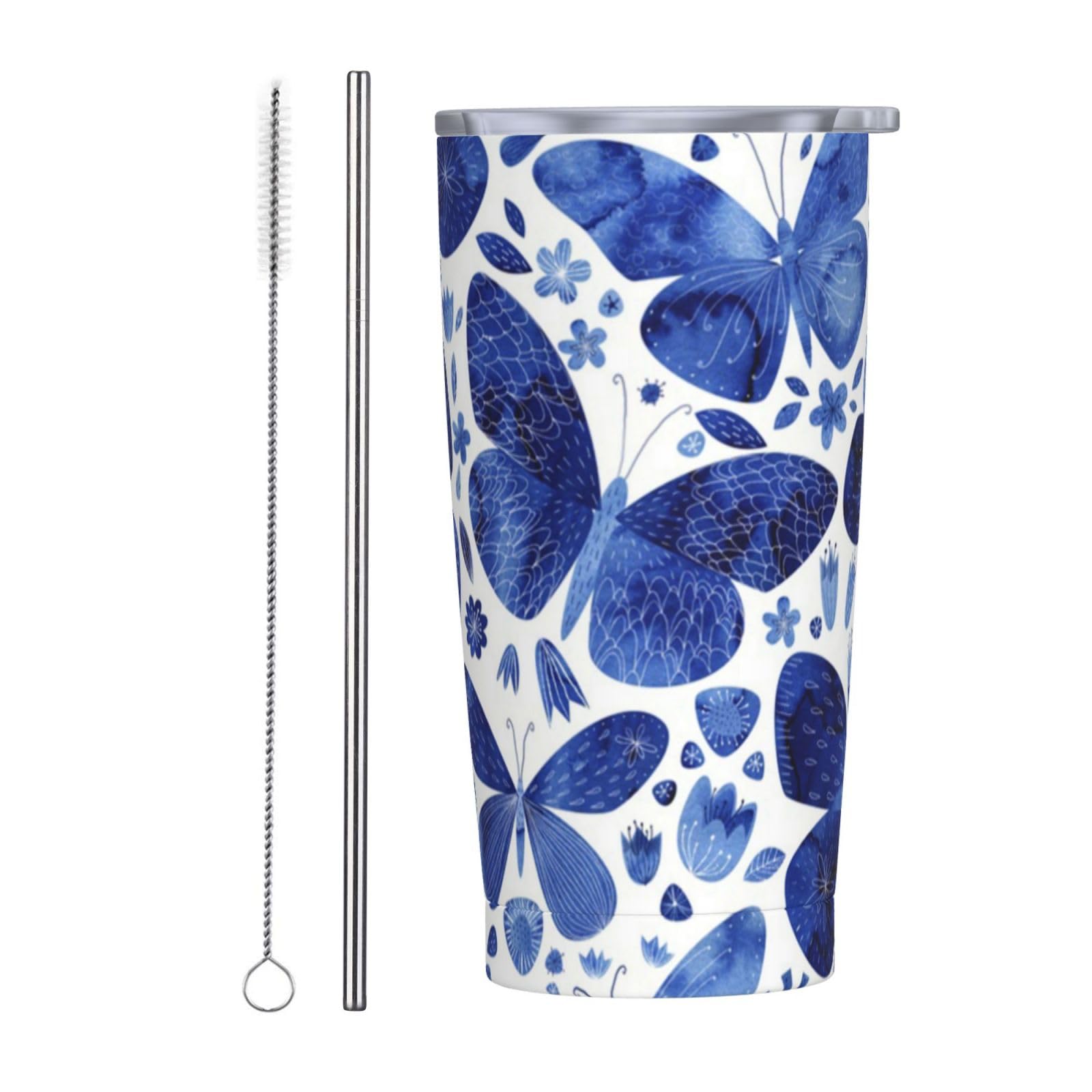 EVANEM 20 Oz Stainless Steel Tumbler With Straw Cleaner Blue Butterflies Printed Insulated Cup Travel Coffee Mug Vacuum Insulated Tumblers For Home Office