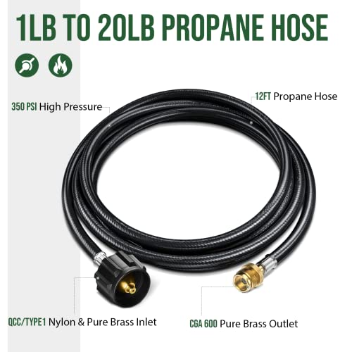 12FT Propane Hose Adapter1lb to 20lb, Propane Tank Adapter, Propane Adapter Hose for Propane Grill/ Camping Stove and Buddy Heater, QCC1/Type1 Propane Adapter 20lb to 1lb Converter, CSA Certified