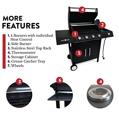Gas One 4 Burner Gas Grill β Premium Propane Grill with Side Burner β Outdoor Grill Cabinet Style with Wheels - High-Temperature Paint Coating Gas BBQ Grill β Elegant and Luxurious Design