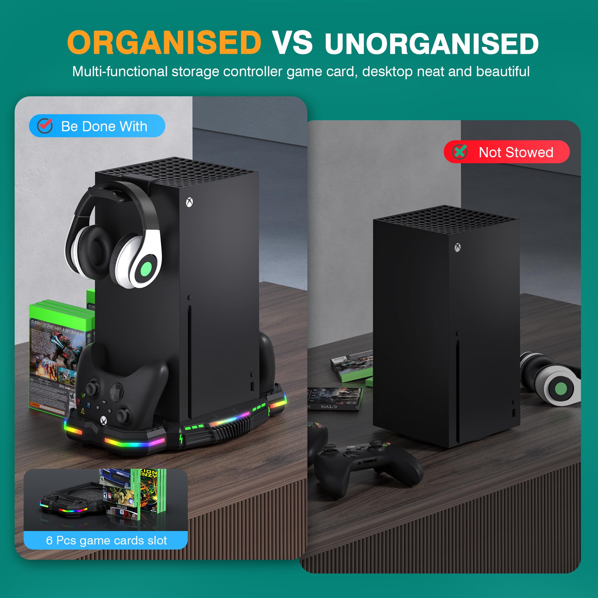 Wiilkac Vertical Cooling Fan Stand and Dual Controller Charging Station for Xbox Series X with RGB Color Lights/USB Ports, 3-Level Fan Cooling System with 2 x 1400 mAh Rechargeable Battery