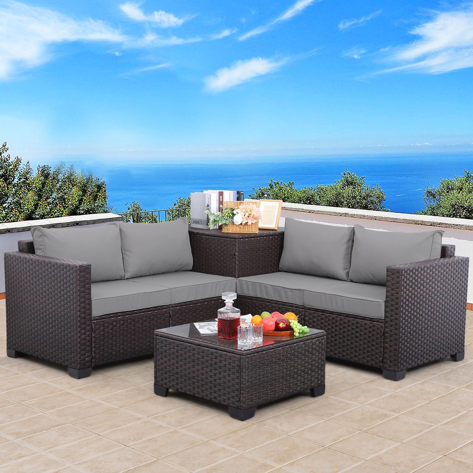 Outdoor PE Wicker Patio Furniture Set 4 Piece Dark Brown Rattan Sectional Loveseat Couch Set Conversation Sofa with Storage Box Glass Top Table and Non-Slip Grey Cushion