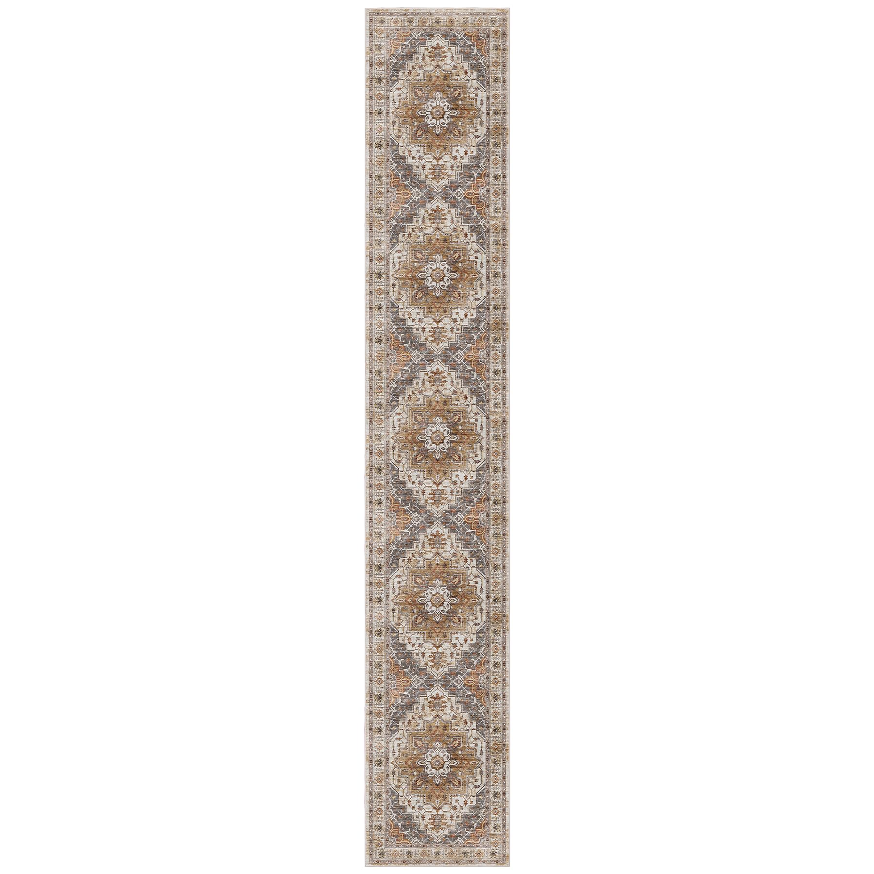 Madane Hallway Runner Rug 2x12, Extra Long Washable Runner Rugs with Rubber Backing, Non Slip Carpet Runner, Vintage Rug Runners for Kitchen Laundry Room Entryway (Turmeric/Grey, 2'x12')