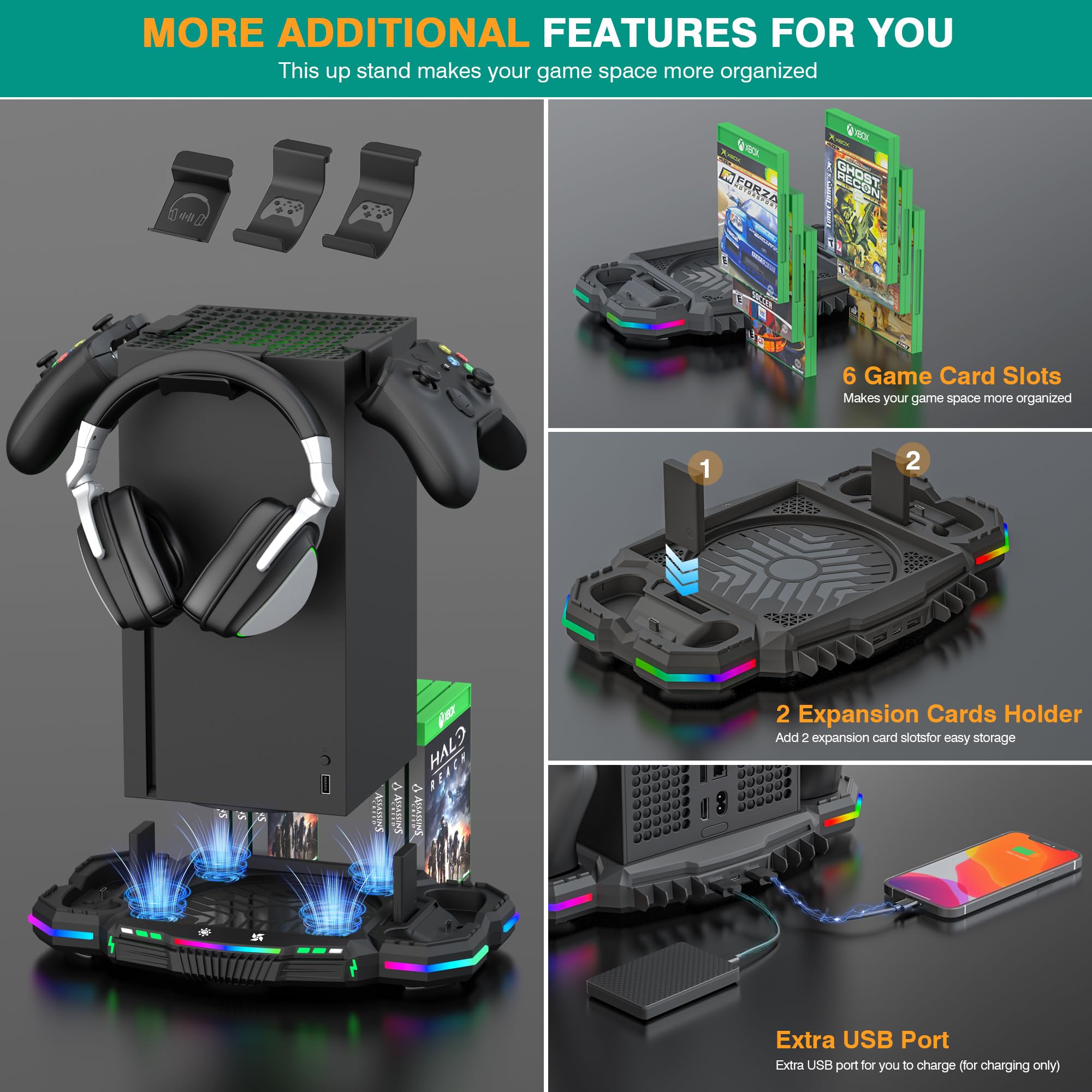 Wiilkac Vertical Cooling Fan Stand and Dual Controller Charging Station for Xbox Series X with RGB Color Lights/USB Ports, 3-Level Fan Cooling System with 2 x 1400 mAh Rechargeable Battery