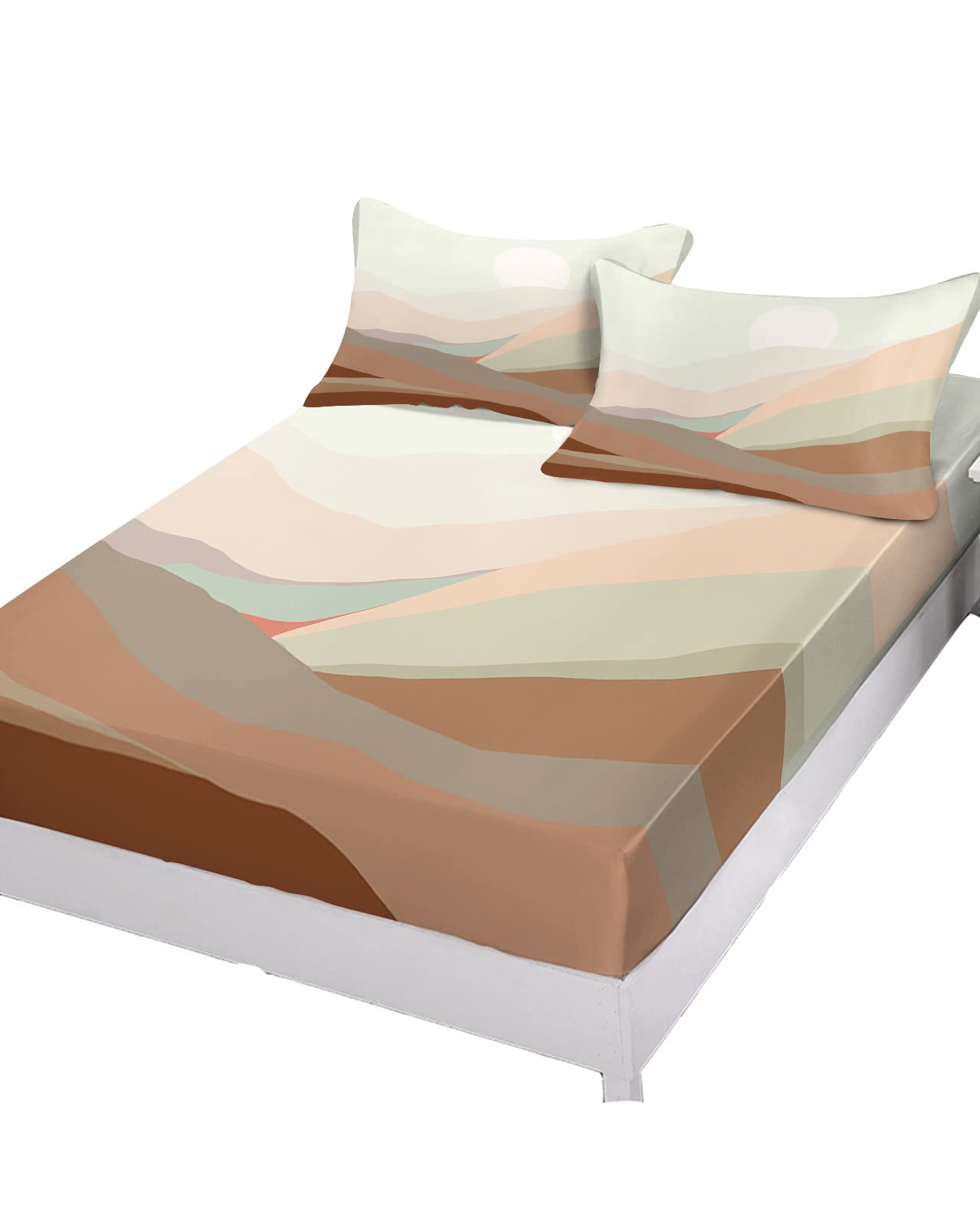 Abstract Painting Mountain Scene Fitted Bed Sheets Full Size Fit 5-16inch Deep Pockets,Luxury Bottom Sheet Bedding Set with Pillow Case,Minimalist Natural Hill Sunset Fitted Sheet for Mattress