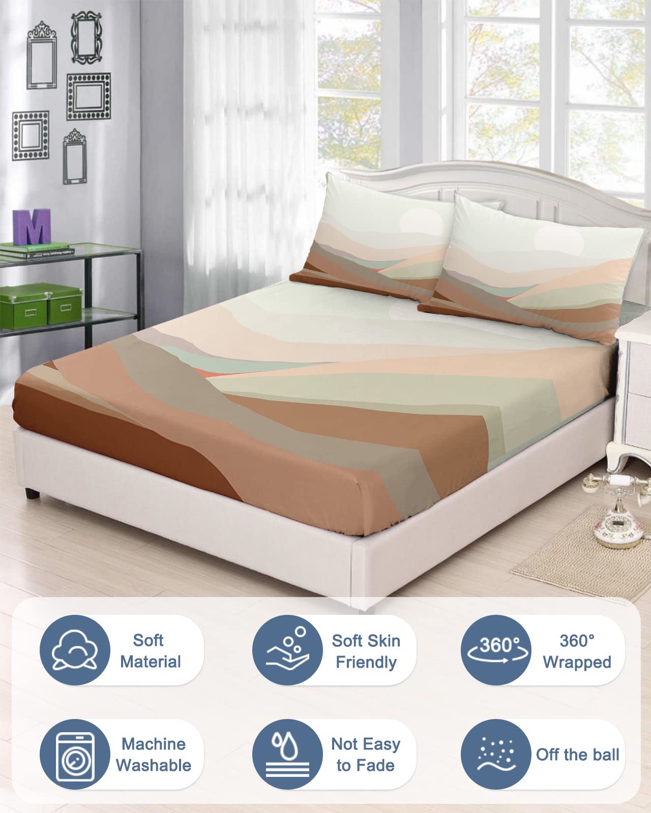 Abstract Painting Mountain Scene Fitted Bed Sheets Full Size Fit 5-16inch Deep Pockets,Luxury Bottom Sheet Bedding Set with Pillow Case,Minimalist Natural Hill Sunset Fitted Sheet for Mattress