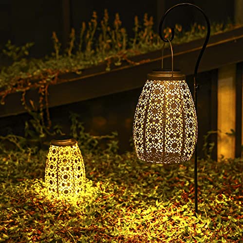 Solar Lanterns Outdoor, 2 Pack Solar Table Lanterns Waterproof Solar Powered Lanterns Lights with Handle Hanging for Patio, Garden, Deck, Party Decorations (Solar Lantern-1)