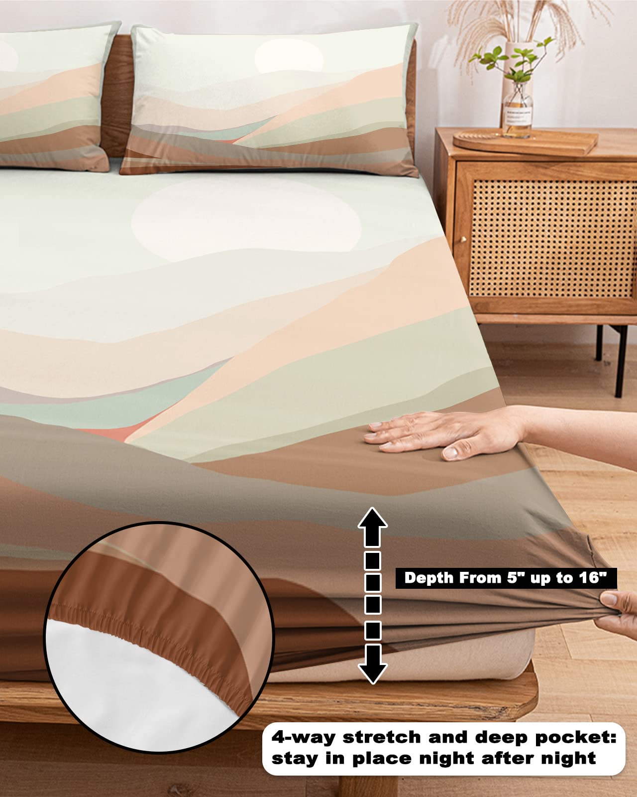 Abstract Painting Mountain Scene Fitted Bed Sheets Full Size Fit 5-16inch Deep Pockets,Luxury Bottom Sheet Bedding Set with Pillow Case,Minimalist Natural Hill Sunset Fitted Sheet for Mattress