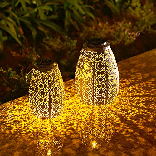 Solar Lanterns Outdoor, 2 Pack Solar Table Lanterns Waterproof Solar Powered Lanterns Lights with Handle Hanging for Patio, Garden, Deck, Party Decorations (Solar Lantern-1)