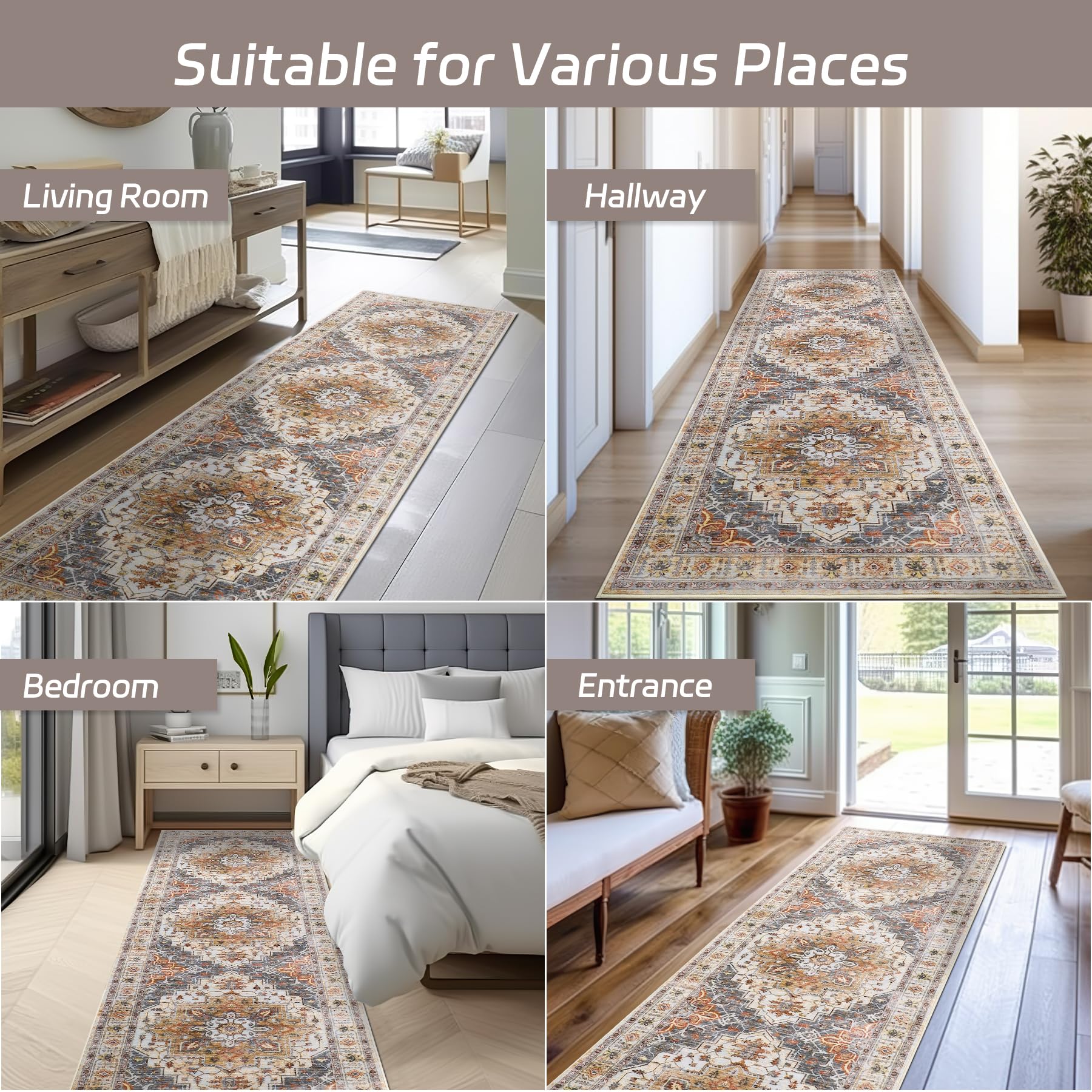 Madane Hallway Runner Rug 2x12, Extra Long Washable Runner Rugs with Rubber Backing, Non Slip Carpet Runner, Vintage Rug Runners for Kitchen Laundry Room Entryway (Turmeric/Grey, 2'x12')