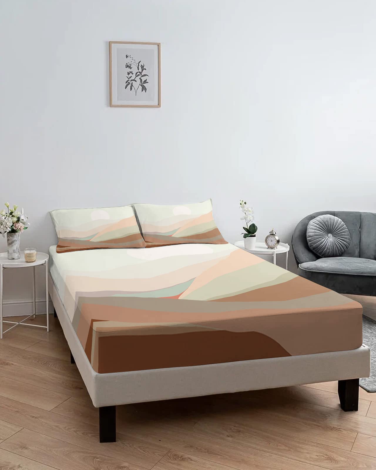 Abstract Painting Mountain Scene Fitted Bed Sheets Full Size Fit 5-16inch Deep Pockets,Luxury Bottom Sheet Bedding Set with Pillow Case,Minimalist Natural Hill Sunset Fitted Sheet for Mattress