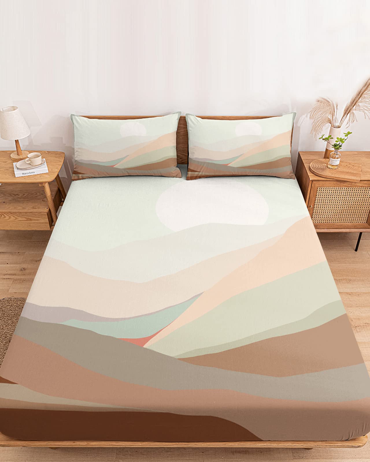 Abstract Painting Mountain Scene Fitted Bed Sheets Full Size Fit 5-16inch Deep Pockets,Luxury Bottom Sheet Bedding Set with Pillow Case,Minimalist Natural Hill Sunset Fitted Sheet for Mattress