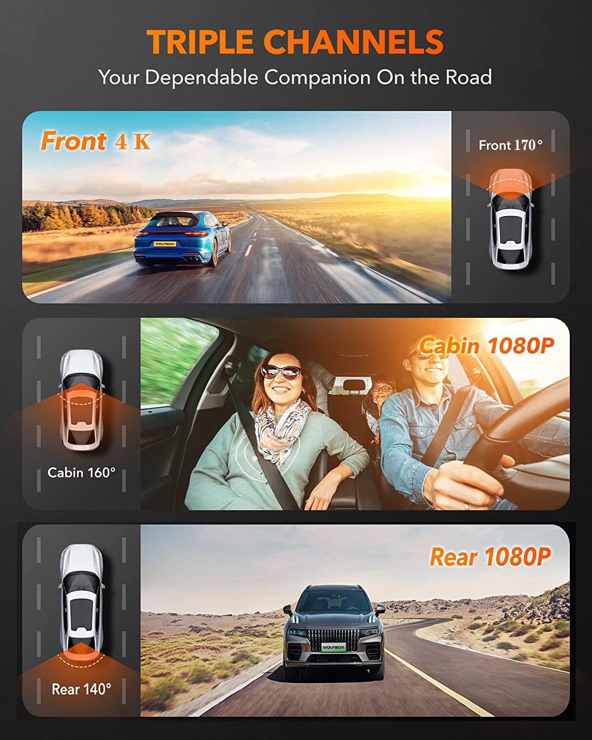 Dash Camera for Cars, 3 Channel 4K Dash Cam Front and Rear Inside,1080P Full HD 170 Deg Wide Angle Dashboard Camera with 64GB Card, IPS Screen,Built in IR Night Vision,G-Sensor,Loop Recording