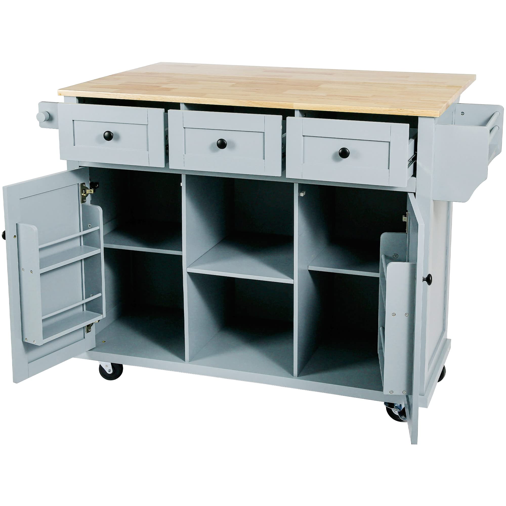 MACHOME 53.10" Kitchen Cart on 5 Wheels with Storage Cabinet, Mobile Kitchen Island with Rubberwood Drop-Leaf Countertop, Cabinet Door Internal Storage Racks with 3 Drawers for Dinning Room,Grey Blue
