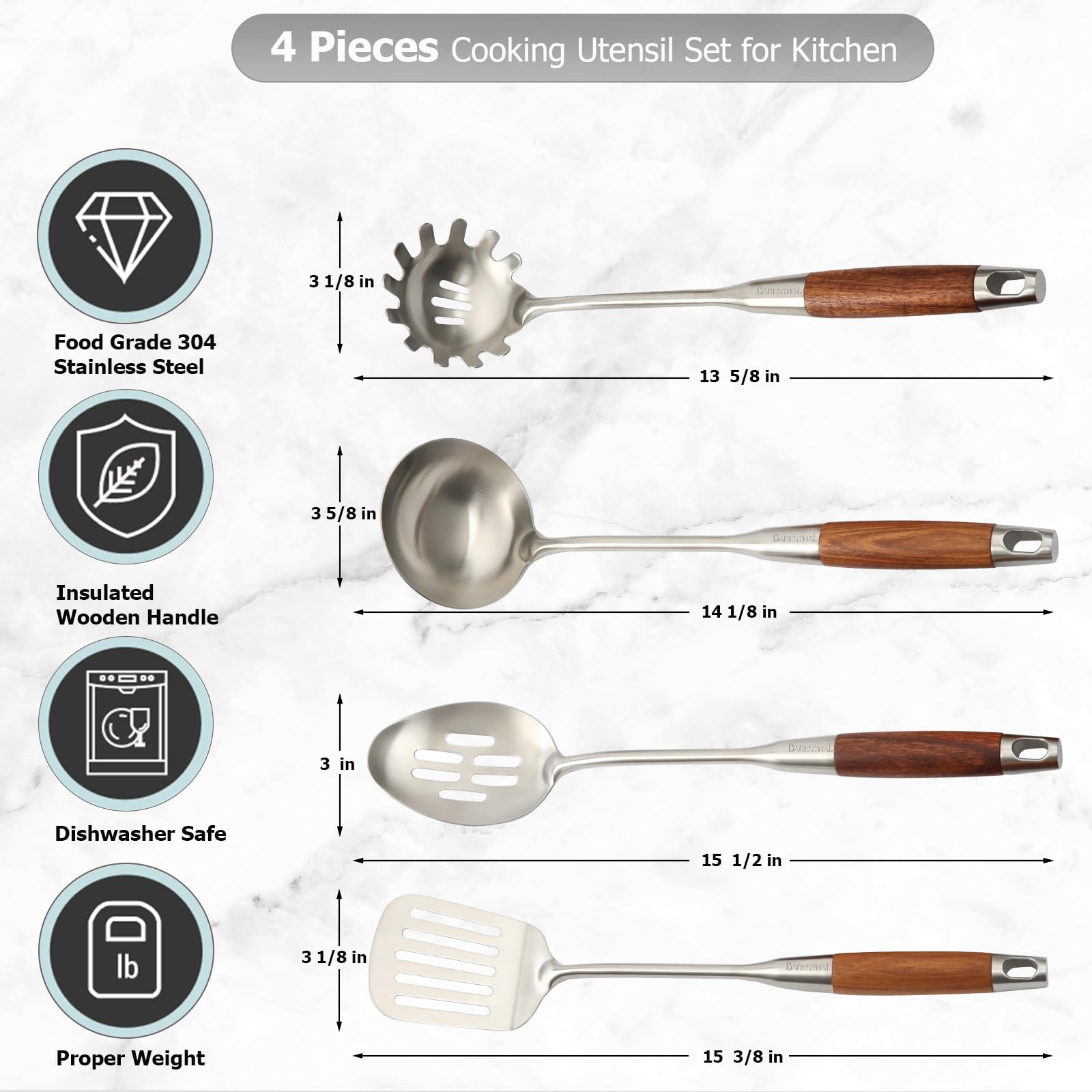Barenthal Cooking Utensil Set,304 Stainless Steel Kitchen Utensils with Wood Handle, 4 Pieces Kitchen Stainless Steel Cookware Set Utensils - Slotted Spatula, Pasta, Spoon, Soup Ladle Set