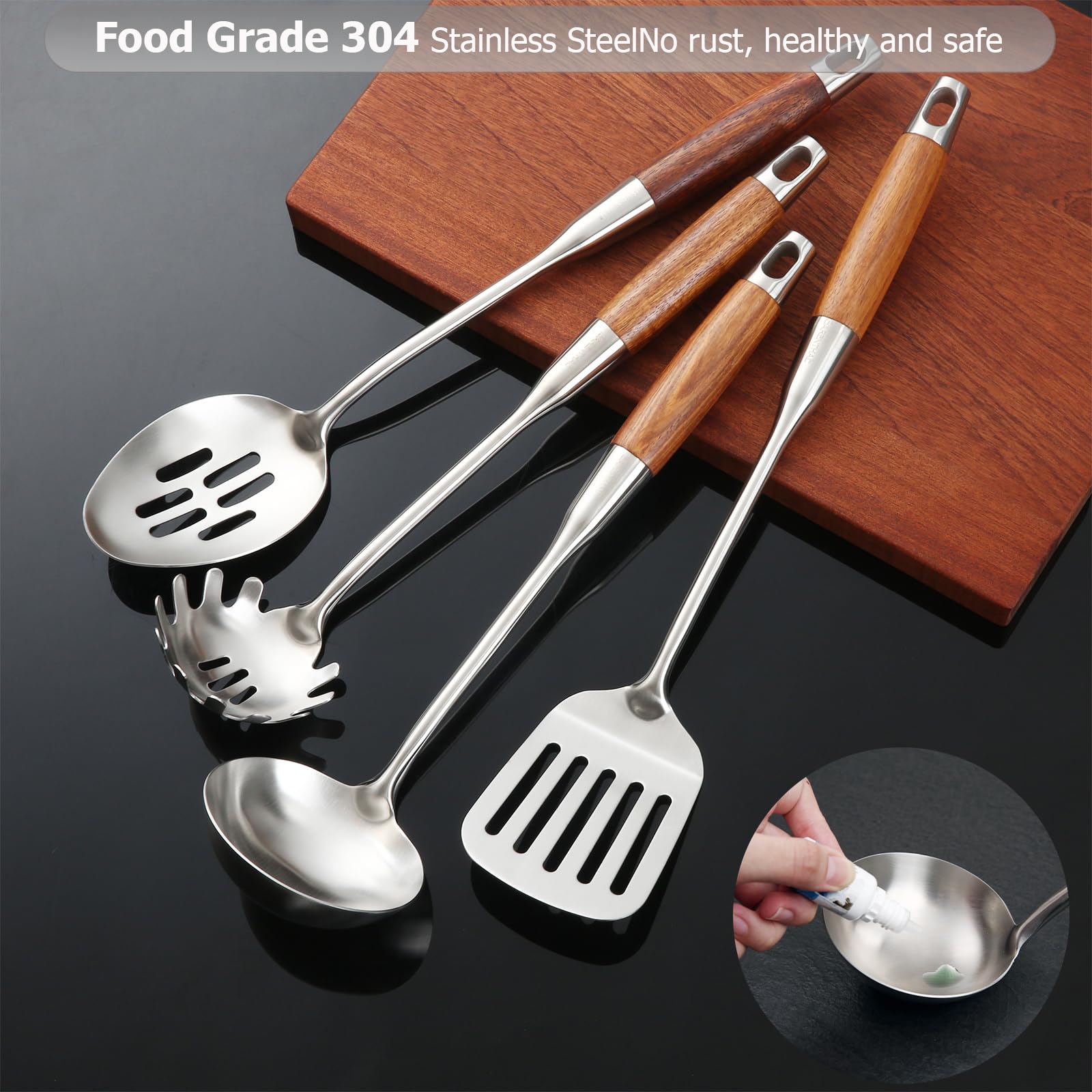 Barenthal Cooking Utensil Set,304 Stainless Steel Kitchen Utensils with Wood Handle, 4 Pieces Kitchen Stainless Steel Cookware Set Utensils - Slotted Spatula, Pasta, Spoon, Soup Ladle Set