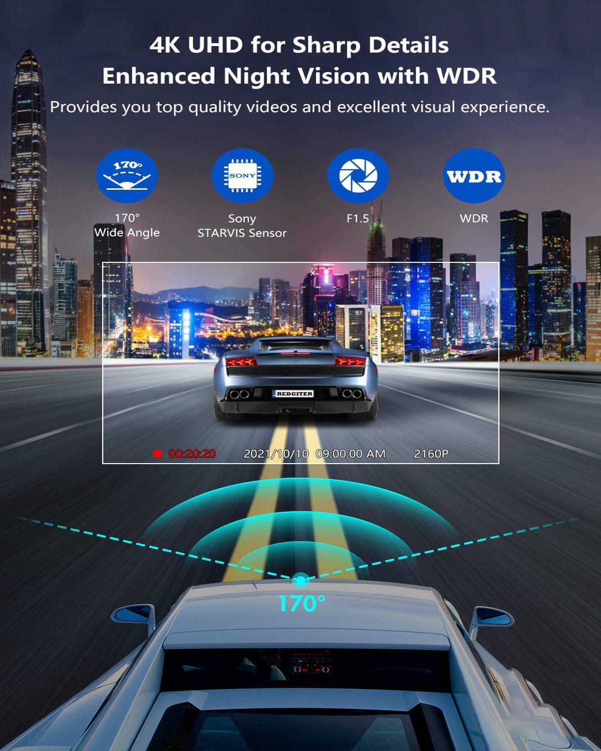 Dash Camera for Cars, 3 Channel 4K Dash Cam Front and Rear Inside,1080P Full HD 170 Deg Wide Angle Dashboard Camera with 64GB Card, IPS Screen,Built in IR Night Vision,G-Sensor,Loop Recording