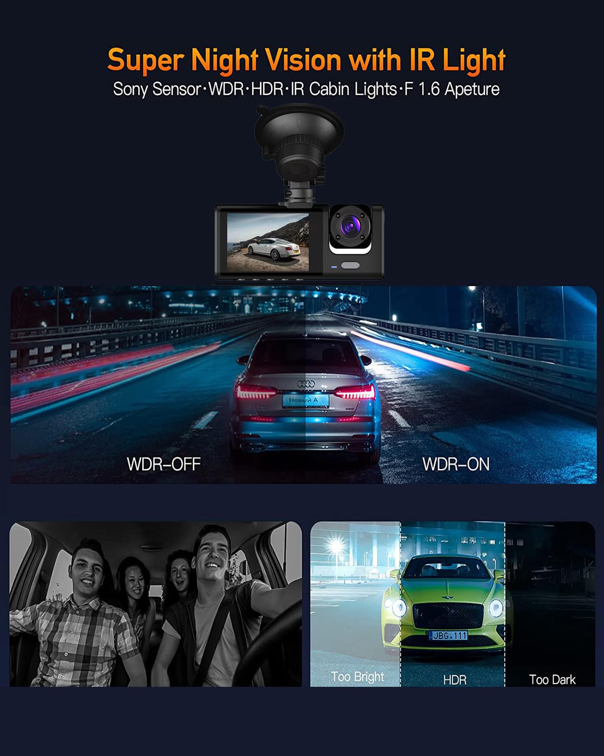 Dash Camera for Cars, 3 Channel 4K Dash Cam Front and Rear Inside,1080P Full HD 170 Deg Wide Angle Dashboard Camera with 64GB Card, IPS Screen,Built in IR Night Vision,G-Sensor,Loop Recording