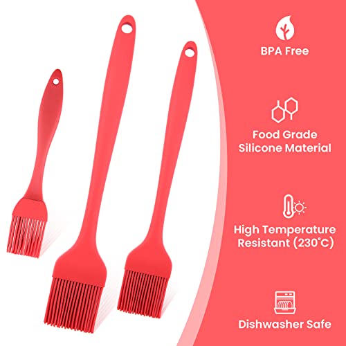Silicone Pastry Brush, 3 Pcs Silicone Brushes, Basting Brush for Cooking, Pastry Brush for Baking, BBQ, Grilling, Heat Resistant, Dishwasher Safe (Red)
