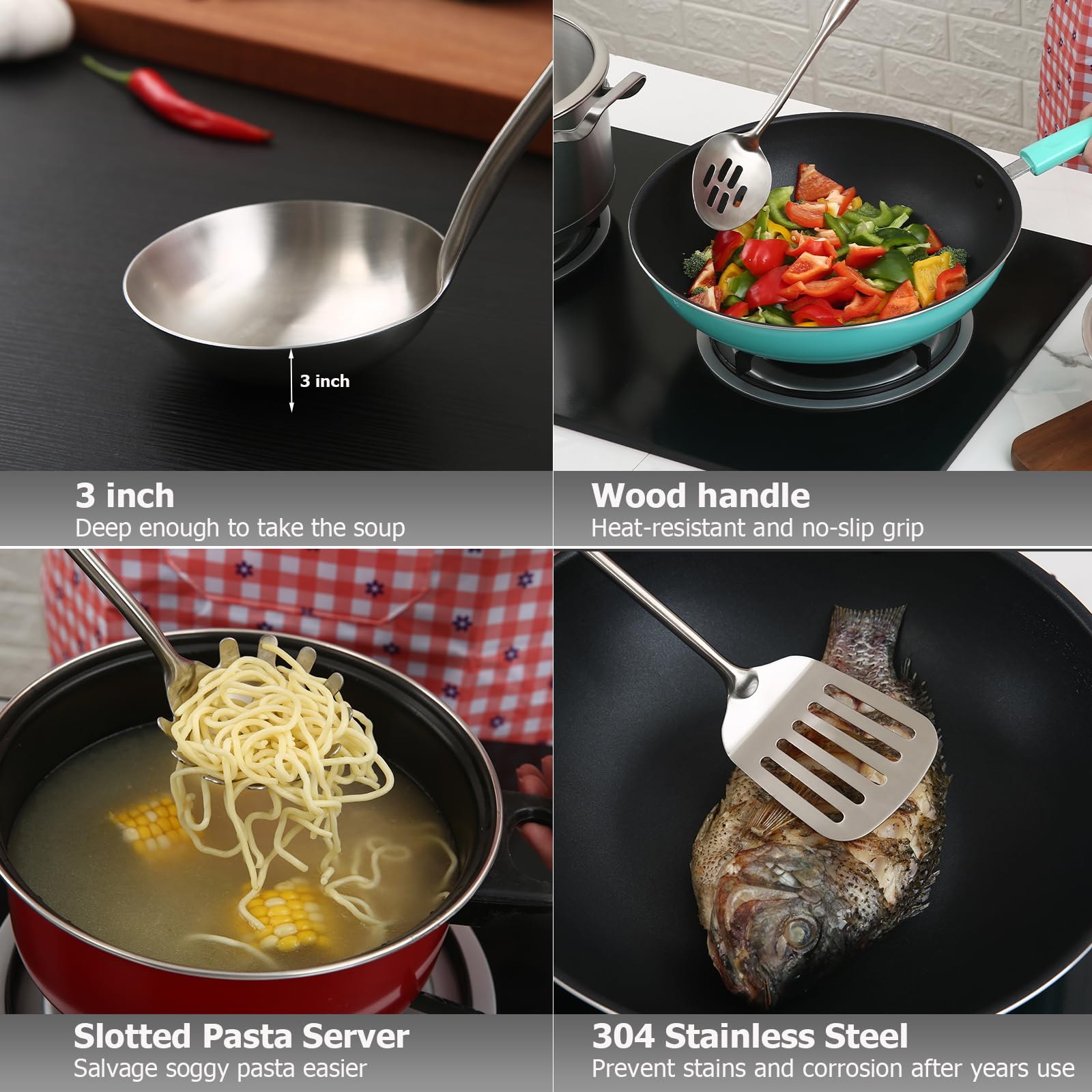 Barenthal Cooking Utensil Set,304 Stainless Steel Kitchen Utensils with Wood Handle, 4 Pieces Kitchen Stainless Steel Cookware Set Utensils - Slotted Spatula, Pasta, Spoon, Soup Ladle Set
