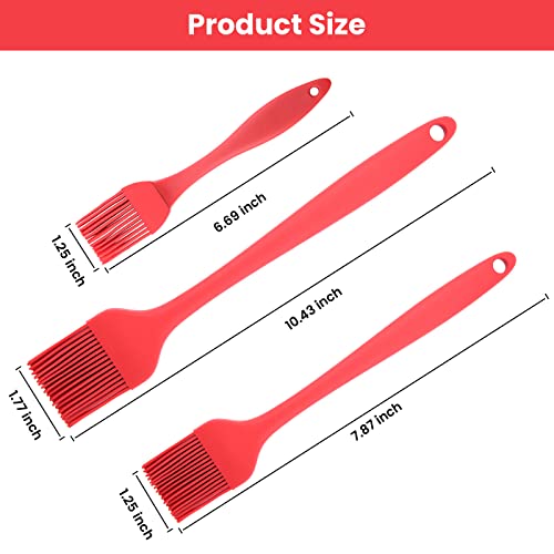 Silicone Pastry Brush, 3 Pcs Silicone Brushes, Basting Brush for Cooking, Pastry Brush for Baking, BBQ, Grilling, Heat Resistant, Dishwasher Safe (Red)