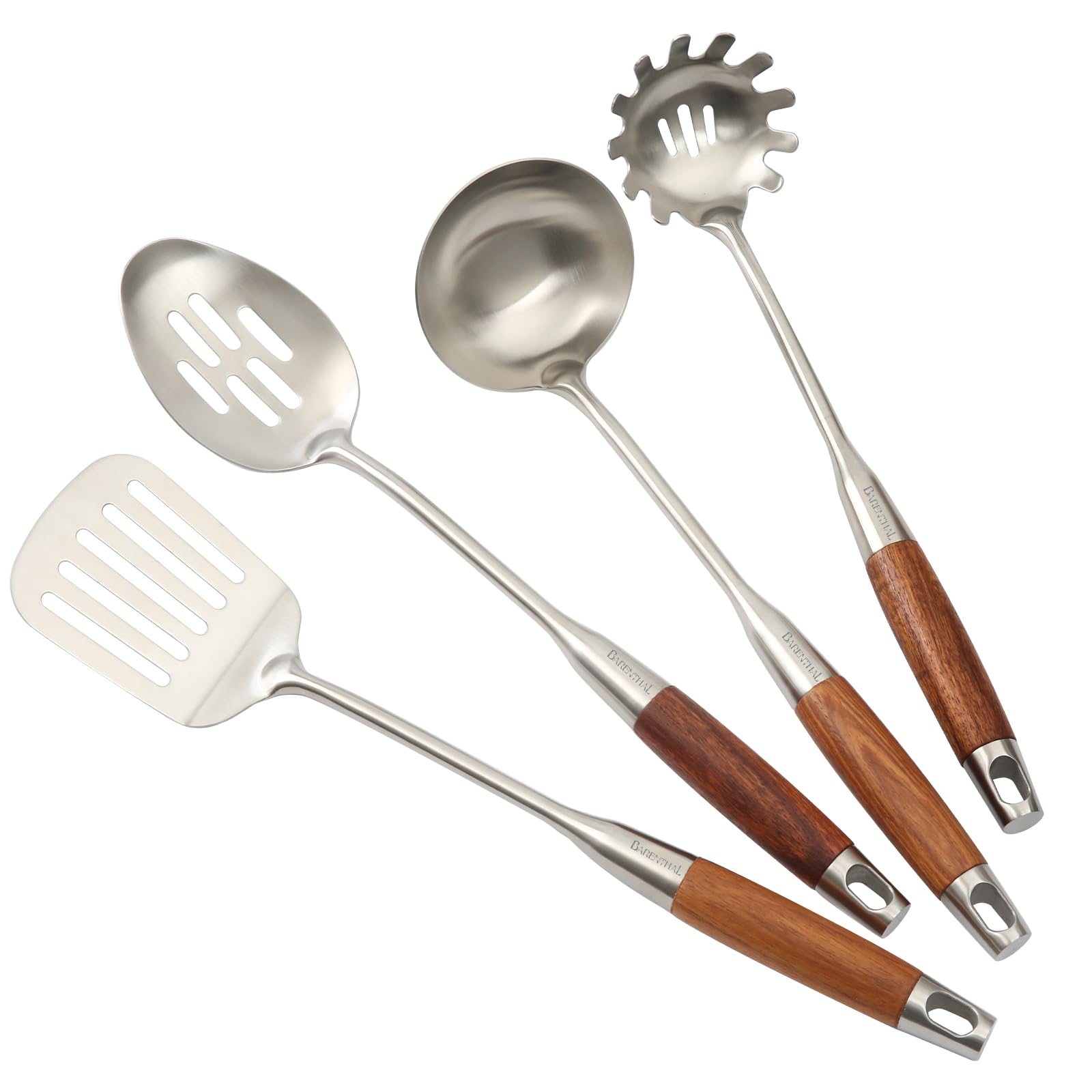 Barenthal Cooking Utensil Set,304 Stainless Steel Kitchen Utensils with Wood Handle, 4 Pieces Kitchen Stainless Steel Cookware Set Utensils - Slotted Spatula, Pasta, Spoon, Soup Ladle Set