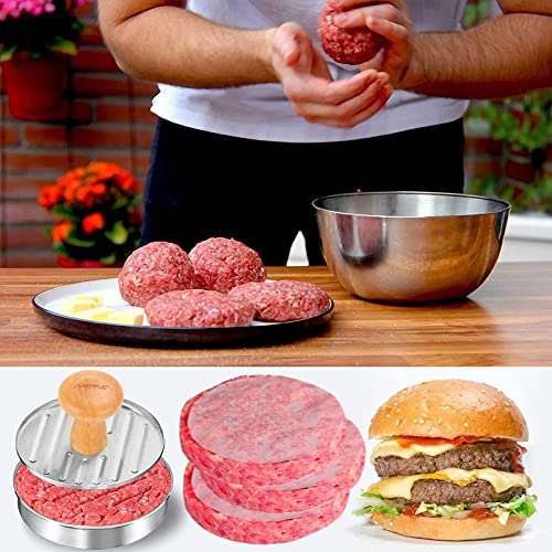 Mepple Burger Press with Non-Stick 100 Patty Papers, Hamburger Press Patty Maker with Wooden Handle, Burger Mold for Hamburger Meat Veggie BBQ, Barbecue Grilling Accessories and Kitchen Tool, 5β Dia