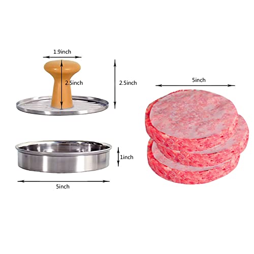 Mepple Burger Press with Non-Stick 100 Patty Papers, Hamburger Press Patty Maker with Wooden Handle, Burger Mold for Hamburger Meat Veggie BBQ, Barbecue Grilling Accessories and Kitchen Tool, 5β Dia