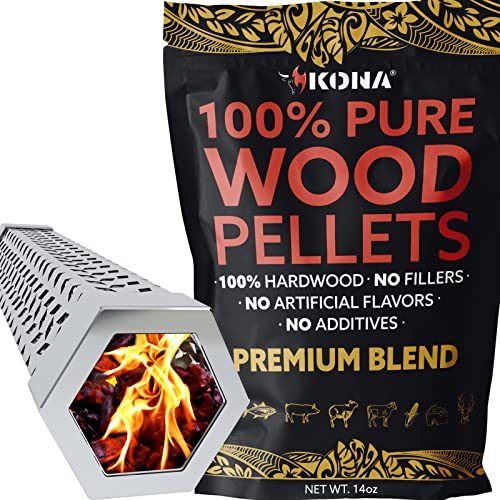 Kona Wood Smoker Tube & Smoking Pellets Set - Hot & Cold Smoke for Charcoal, Electric, Gas & All BBQ Grills - Stainless Steel 12 Inch Hexagon & 14 ounces of Premium Blend Hardwood