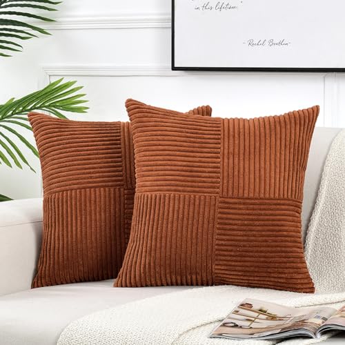 Fancy Homi Rust Boho Decorative Throw Pillow Covers 18x18 Inch for Living Room Couch Bed, Farmhouse Home Decor, Soft Corss Corduroy Patchwork Textured Terracotta Accent Cushion Case 45x45 cm