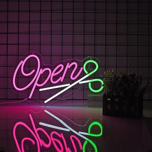 Hair Cut Salon Open Neon Sign for Barbershop Scissors Wall Décor with Dimmable Switch LED Haircut Barber Neon Business Signs Light