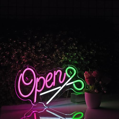 Hair Cut Salon Open Neon Sign for Barbershop Scissors Wall Décor with Dimmable Switch LED Haircut Barber Neon Business Signs Light