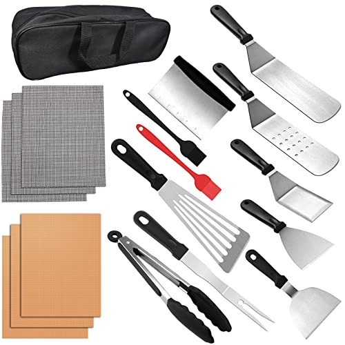 Zhenmao Griddle Accessories Kit, 18 PCS Flat Top Grill Accessories Set for Blackst Kitchen,Grill Kit with Spatula Fork Food Clip Brush Storage Bag Grill Mats for Men BBQ Tools Grilling