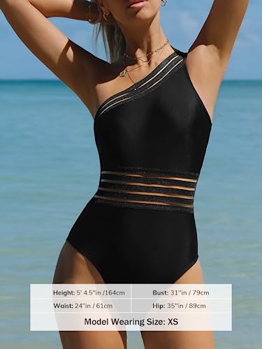 CUPSHE Women's One Piece Swimsuits Bathing Suits One Shoulder Adjustable Straps Cutout Asymmetrical Swimwear Mesh, M Black