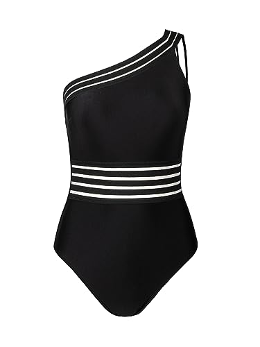 CUPSHE Women's One Piece Swimsuits Bathing Suits One Shoulder Adjustable Straps Cutout Asymmetrical Swimwear Mesh, M Black
