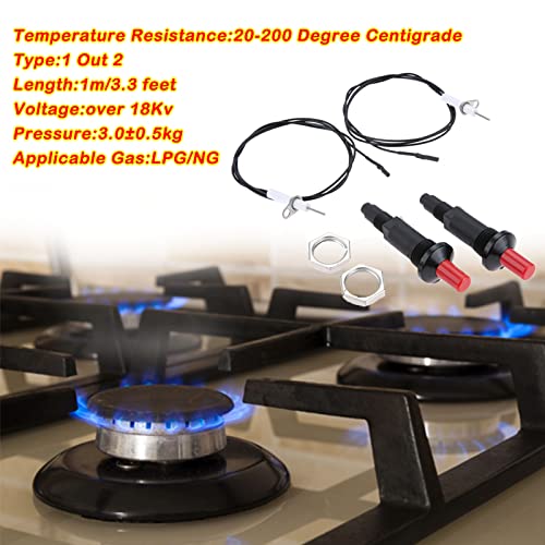 Guofulda 2 Sets Grill Piezo Igniters, Type of 1 Out 2 Electrode 200 Degree Resistance Wire 1 Meter, with Cable Push Button Igniter, Fit for Gas Fireplace, Oven, Heater, Kitchen lgniter