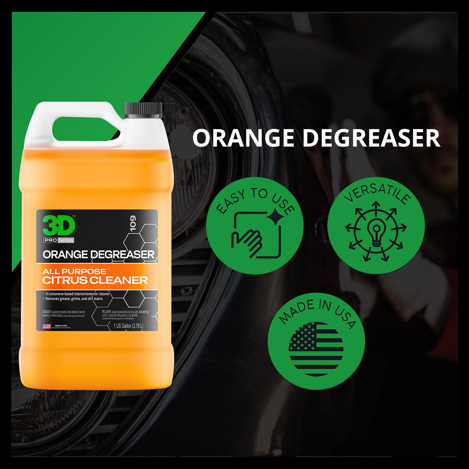 3D Orange Degreaser All Purpose Organic Citrus Cleaner - Multi Surface Interior & Exterior Use Degreaser & Cleaner Removes Clean Grease & Grime Residue on Plastic, Cloth, Vinyl, Metal, Leather, Carpet 1 Gallon