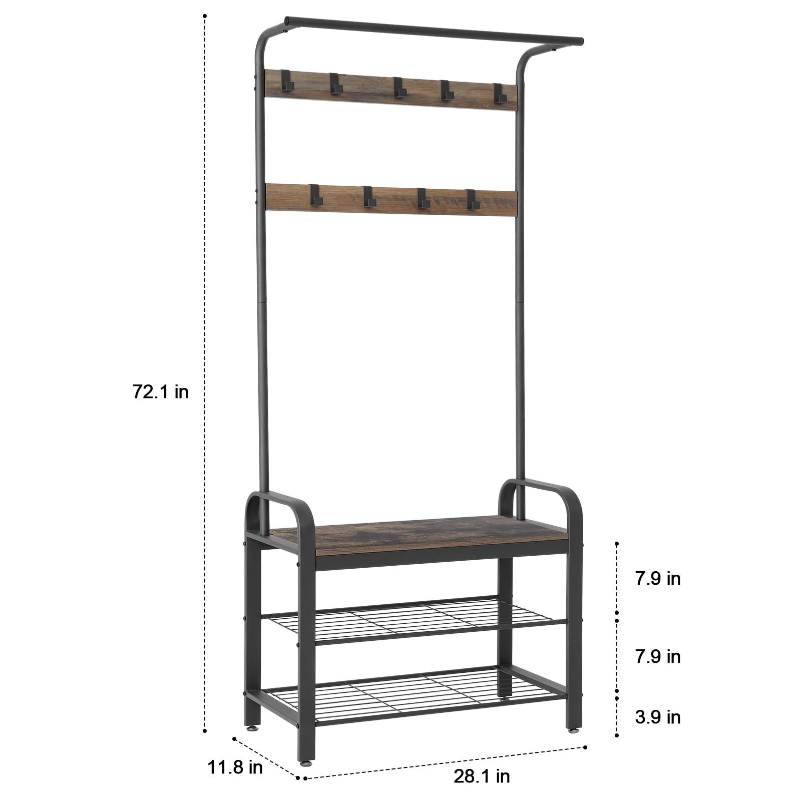 cenivi Hall Tree with Bench and Shoe Storage, 4-In-1 Entryway Bench with Coat Rack, with Hanging Rod, 9 Removable Coat Hooks, Shoes Rack, Assembled Hall Tree with Storage Furniture, Gray