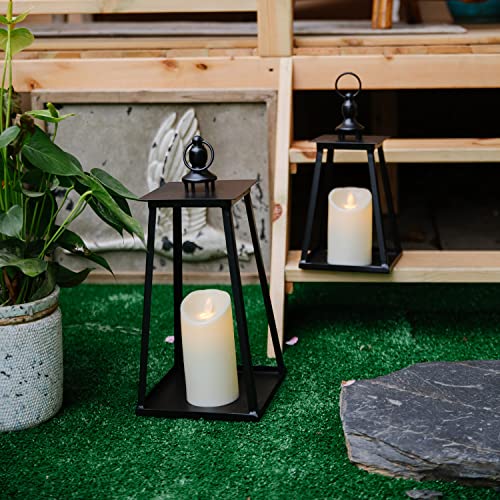 HPC Decor 16inch Lantern Decorative w/Flickering LED Candles- Decorative Outdoor Lantern- Chunky Black Metal Candle Lantern- Vintage Lantern Decor for Indoor, Outdoor, Patio, Porch (No Glass)