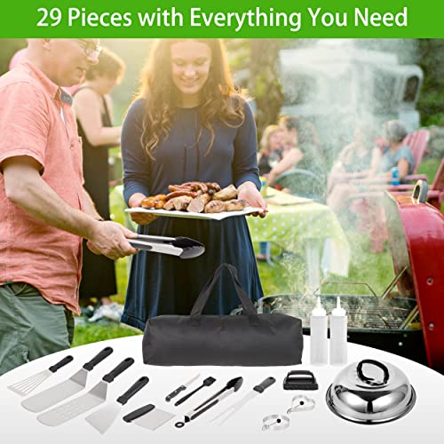 Stolix 29Pcs Stainless Steel Griddle Accessories Kit for Blackstone and Camp Chef Grill BBQ Spatula Set with Carry Bag 100Pcs Bamboo Skewers