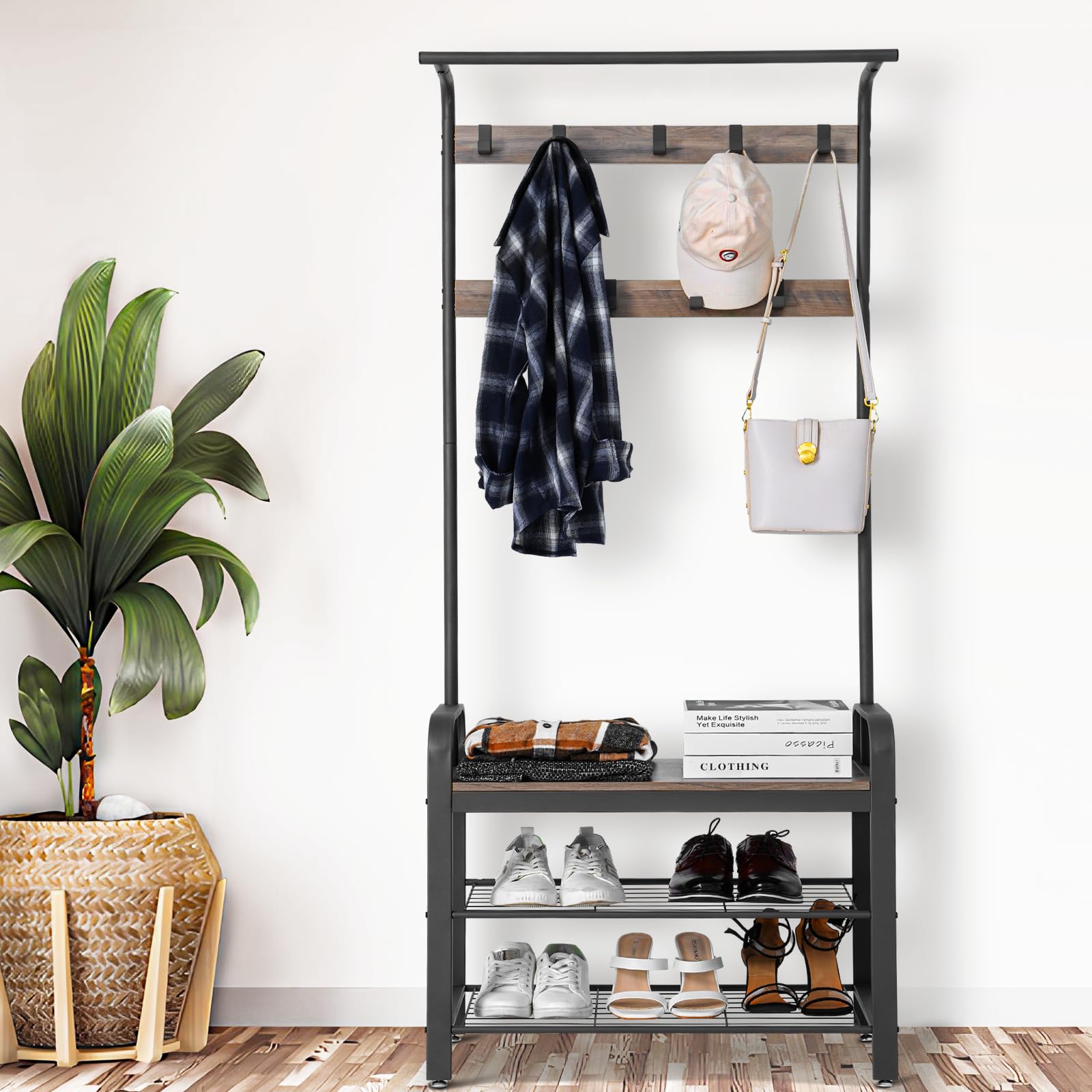 cenivi Hall Tree with Bench and Shoe Storage, 4-In-1 Entryway Bench with Coat Rack, with Hanging Rod, 9 Removable Coat Hooks, Shoes Rack, Assembled Hall Tree with Storage Furniture, Gray