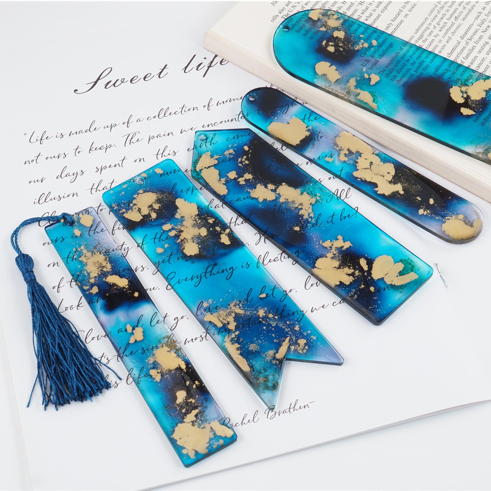 Actvty Silicone Bookmark Molds - 5 Shapes and 20pcs Bookmark Tassels for Resin Casting Crafts