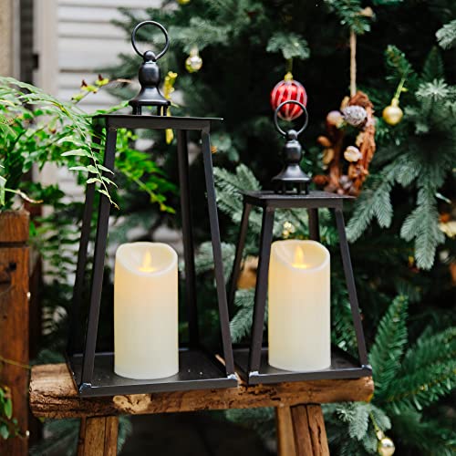 HPC Decor 16inch Lantern Decorative w/Flickering LED Candles- Decorative Outdoor Lantern- Chunky Black Metal Candle Lantern- Vintage Lantern Decor for Indoor, Outdoor, Patio, Porch (No Glass)