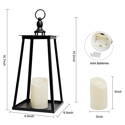 HPC Decor 16inch Lantern Decorative w/Flickering LED Candles- Decorative Outdoor Lantern- Chunky Black Metal Candle Lantern- Vintage Lantern Decor for Indoor, Outdoor, Patio, Porch (No Glass)